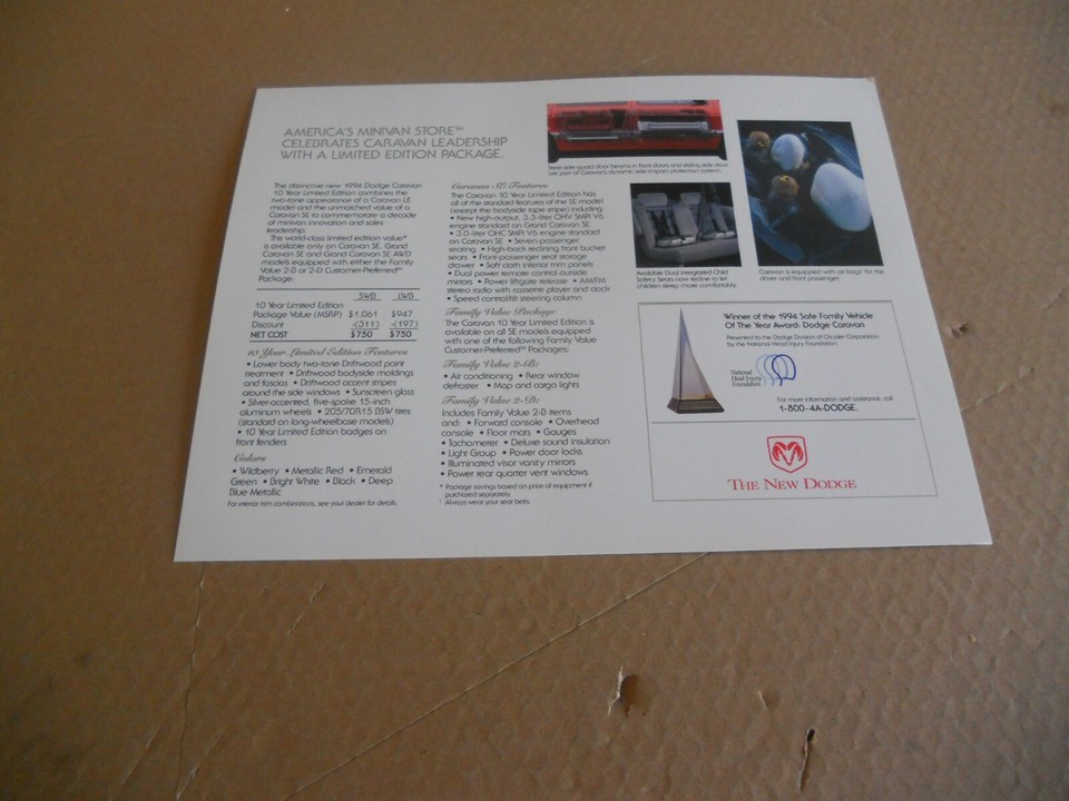 NOS Original 1994 Dodge Caravan 10 Year Limited Edition Dealership ...