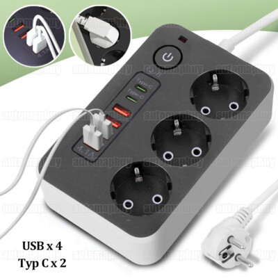 Steckdosenleiste 3-Fach 6 USB Mehrfachsteckdose mit Flachstecker und ...