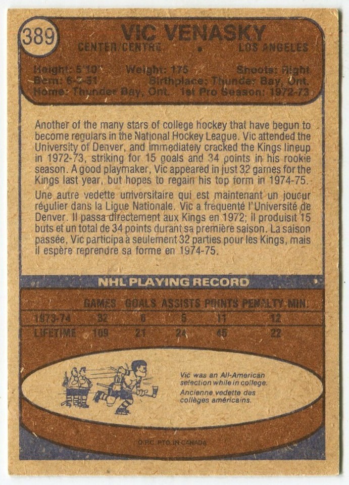 1974-75 O-Pee-Chee OPC #389 Vic Venasky Los Angeles Kings | eBay