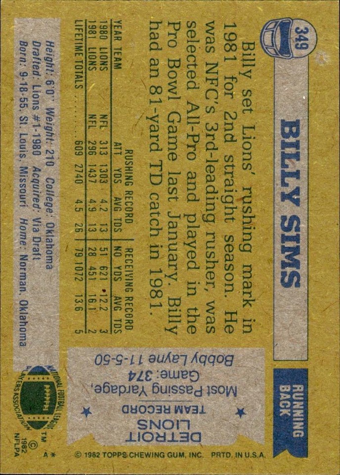 BILLY SIMS CARD #349 BUY ANY 2 ITEMS FOR 50% OFF B209R3S27P8 | eBay