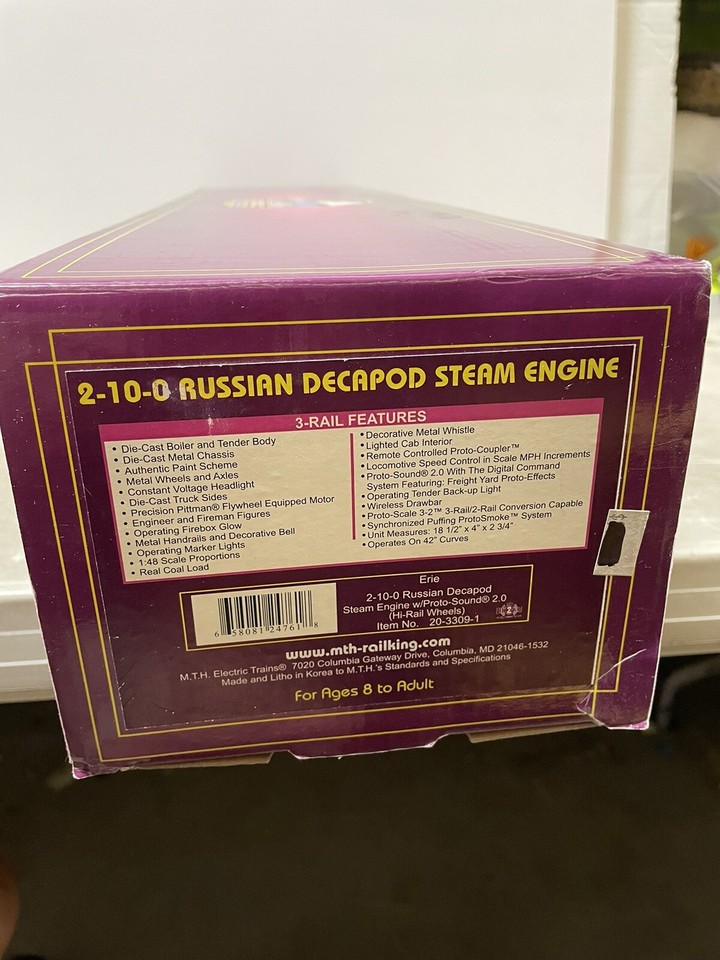 Mth Erie 2-10-0 Russian Decapod Steam #2428 Engine w/ Proto 20-3309-1 ...