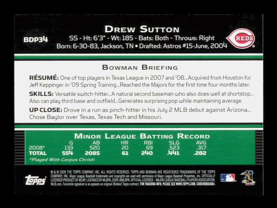2009 Bowman Draft Picks & Prospects #BDP34 Drew Sutton Gold Rookie ...