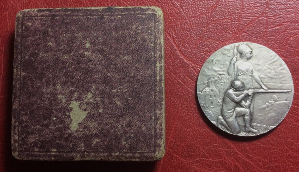 Art Nouveau Shooting competition Mars standing silver plated medal by E ...