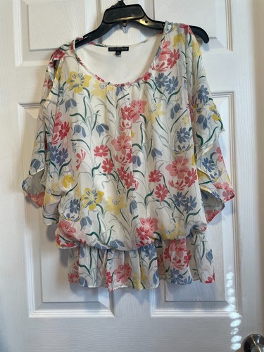 SARA MICHELLE top shirt blouse L 12 Bust 42 Length 27 White/Multi ...