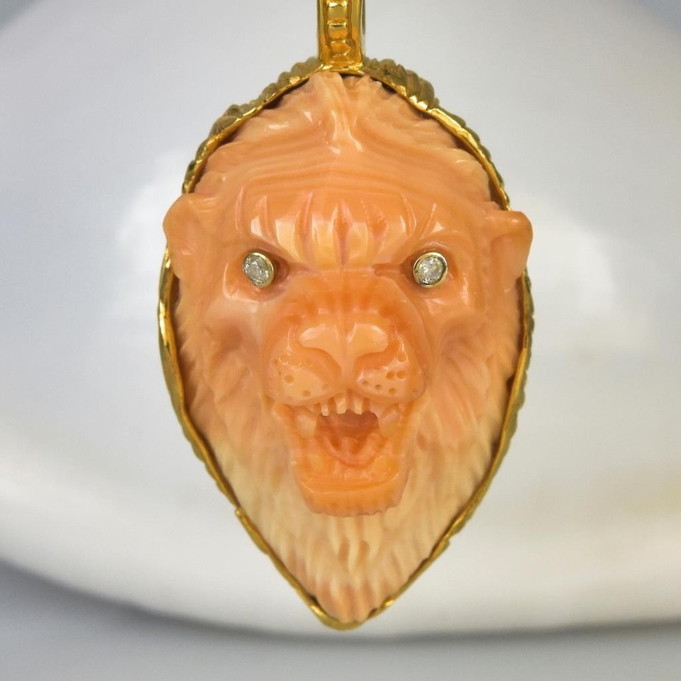 Gold Vermeil Sterling Silver Carved Apricot Shell Diamond Lion Pendant ...