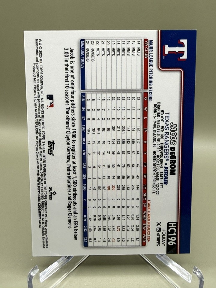 2025 Topps Holiday - Chrome Jacob deGrom #HC196 Orange Refractor /25 ...