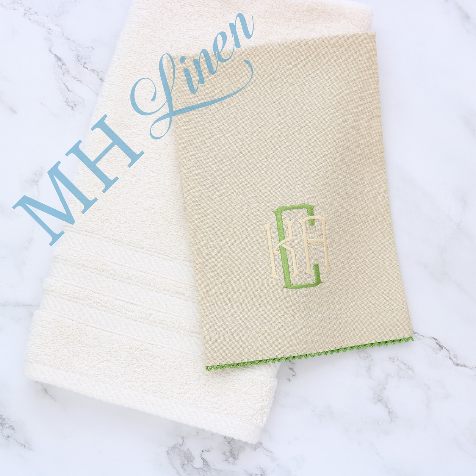 Monogram initials KCA Guest Towel in Parchment with Green/Gold Thread ...
