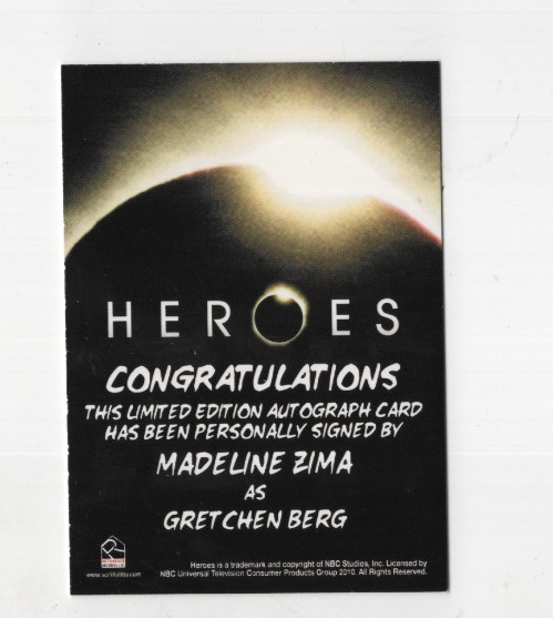 MADELINE ZIMA AUTOGRAPH HEROES GRETCHEN BERG AUTO CARD 2010 RITTENHOUSE ...