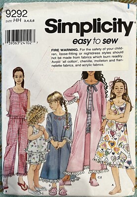 Simplicity Pattern 9292 Girls Sleepwear Pajamas Nightie Size 3-6 Cut ...