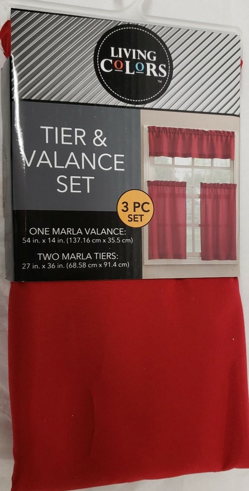 3 Pc. Curtains Set: 2 Tiers (27" x 36") & Valance (54" x 14") RED MARLA ...