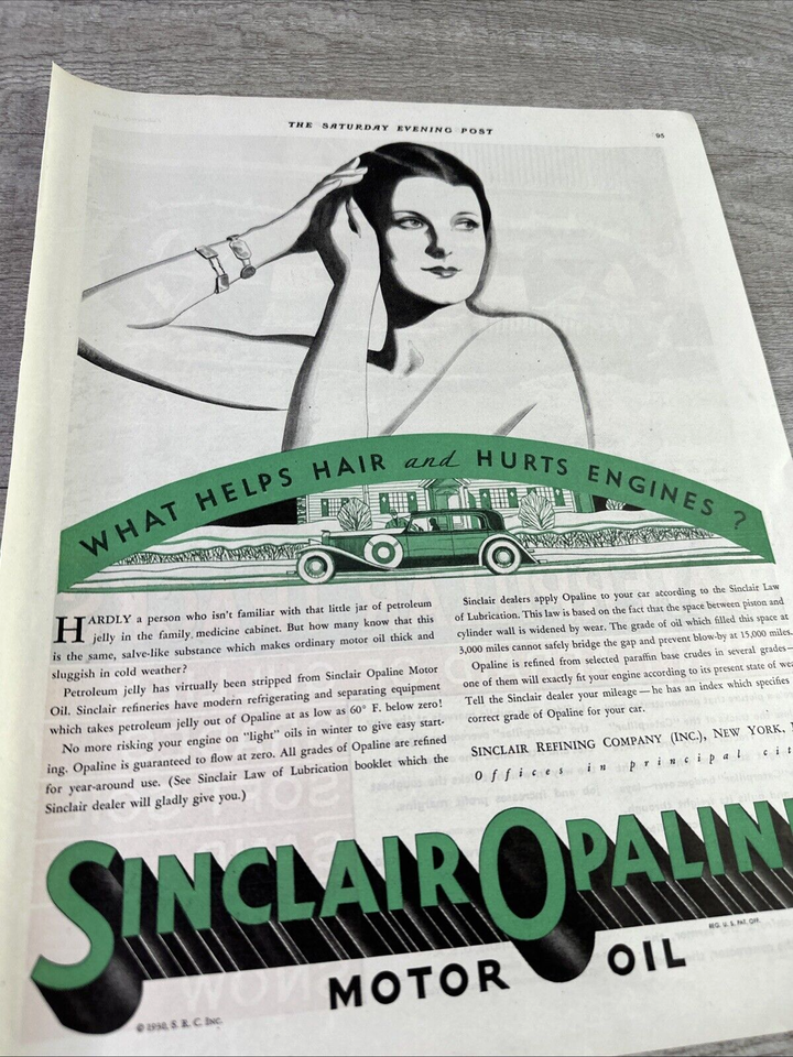 1931 SINCLAIR MOTOR OIL Automotive PRINT AD What Helps Hair and Hurts ...