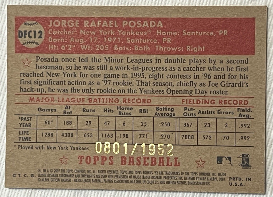 2007 Topps '52 Debut Flashbacks Chrome #DFC12 Jorge Posada /1952 | eBay