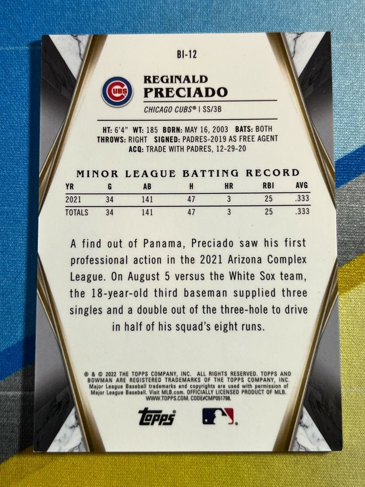 2022 Bowman REGINALD PRECIADO Chicago Cubs Invicta Insert BI-12 | eBay