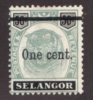 1900 Malaya Selangor Sc# 43 - 1¢ on 50¢ surcharge, Tiger - MH Cv$3.50 ...