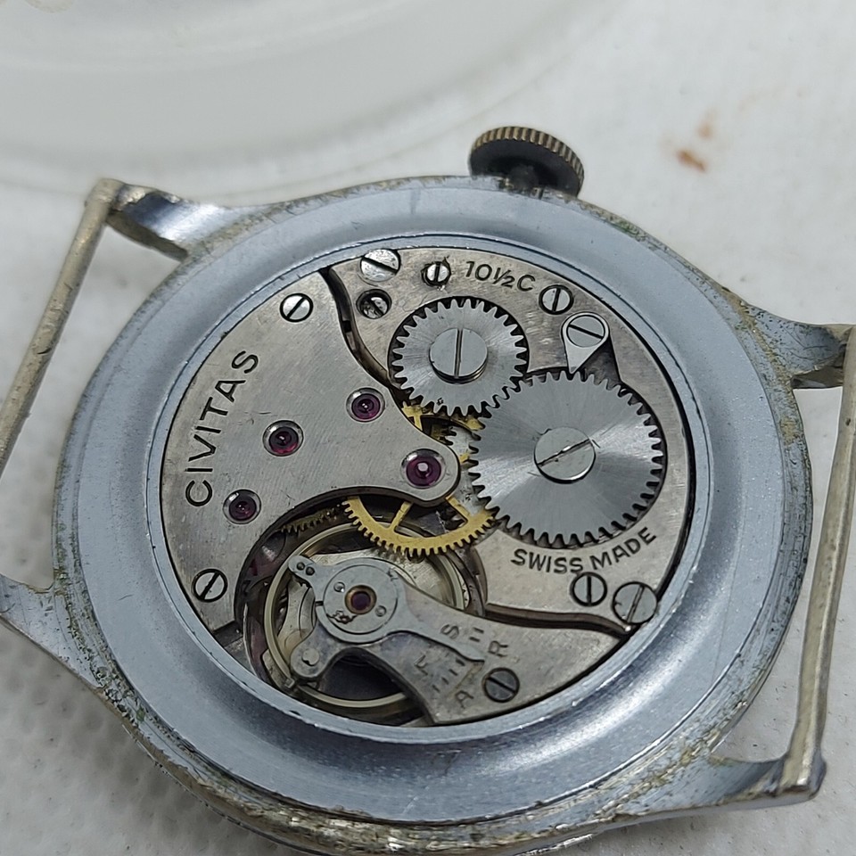 VINTAGE RARE WW2 ERA MILITARY SWISS MEN'S 33 mm WATCH "CIVITAS" 15 j ...