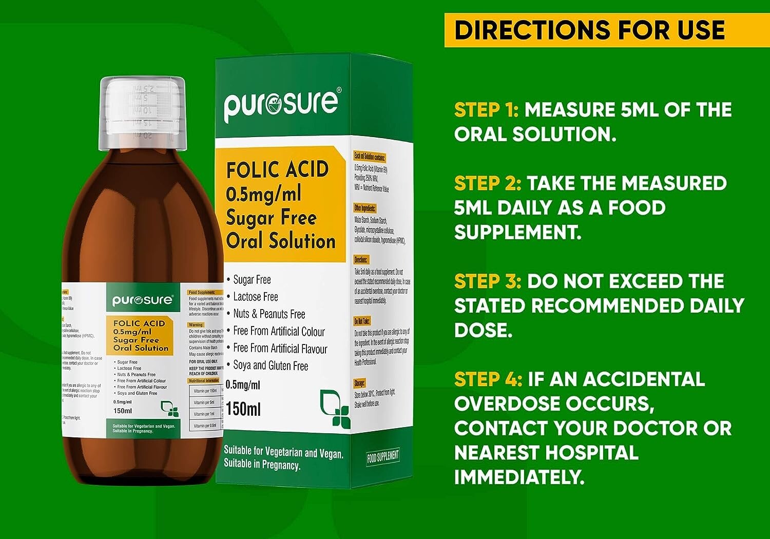 Purosure Folic Acid Liquid 150ml Sugar Free Oral Solution - 0.5G/ML ...