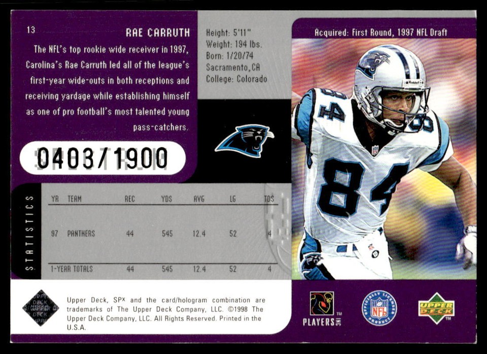 1998 SPx Finite 13 Rae Carruth Carolina Panthers /1900 Football Card | eBay