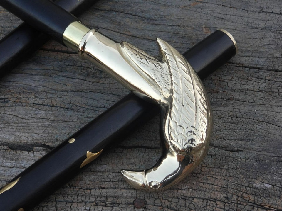 Brass Designer Polish Raven Head Handle W/Wooden Walking Stick Solid ...