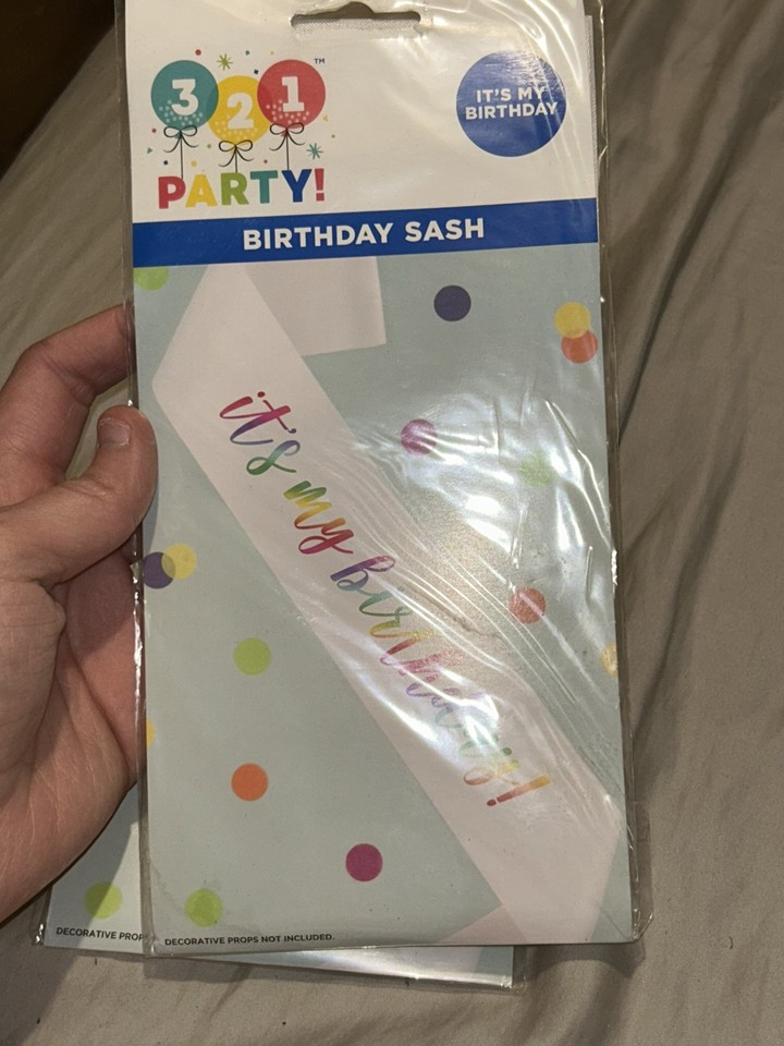 2 White Sash with polygraphic rainbow colored letters 'It's My Birthday ...