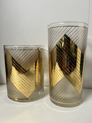 🔥2 CULVER Highball/Tom Collins Glasses 22K Gold Rare Chevron Pattern ...