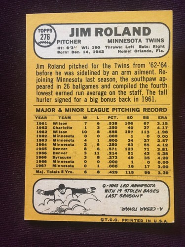 1968 Topps #276 Twins Jim Roland Baseball Card | eBay