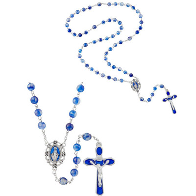 Blue Swirl Bead Miraculous Medal Blue Enamel Cross Double Capped Rosary ...