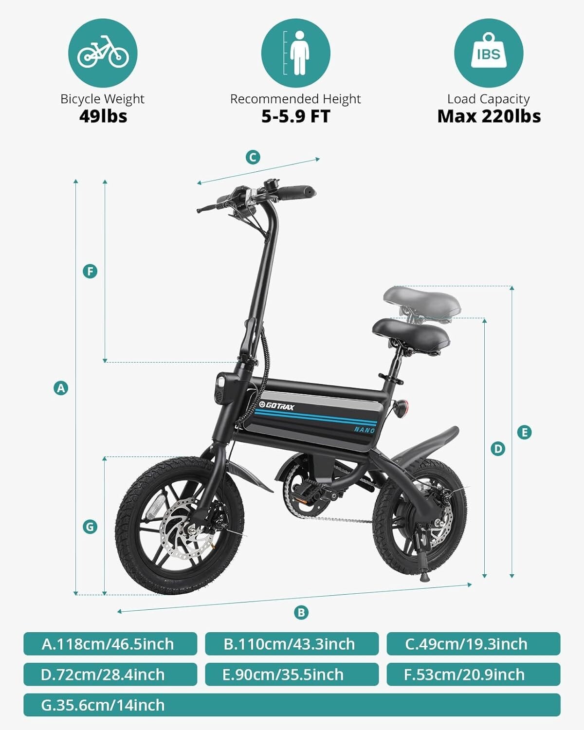 Gotrax Nano 14" Electric Bike, Max Range 25Miles(Pedal-Assist)&Max ...
