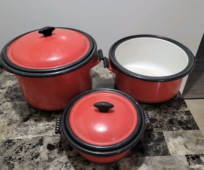 Vintage Vollrath Kook King Ware Red Enamel Pot Pan 5 Piece Set 8 QT 6 ...