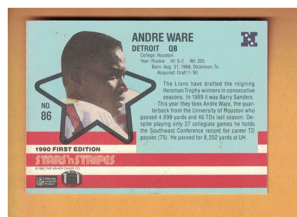 Andre Ware Autographed 1990 Stars'n Stripes Rookie Card Signed DETROIT ...