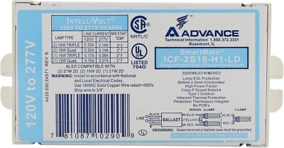 ADVANCE ICF-2S18-H1-LD-K CFL Ballast,Programmed Start,21W 4ZZ34 | eBay