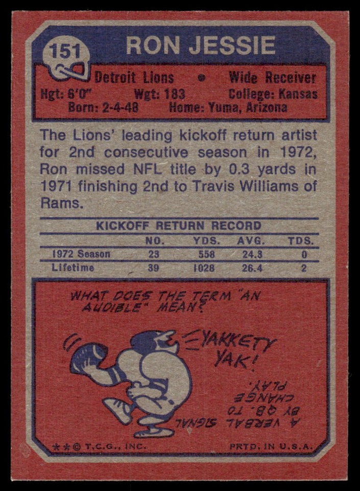 1973 Topps Ron Jessie #151 Detroit Lions Football Card | eBay