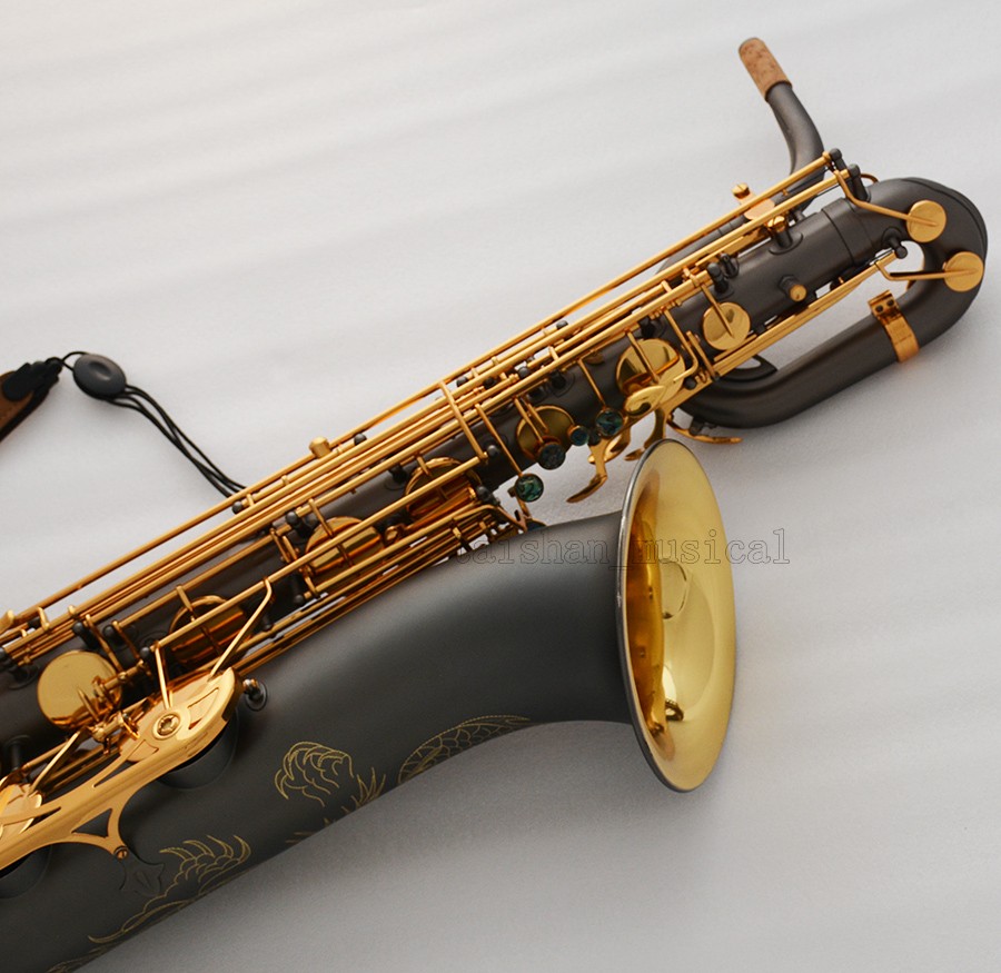 MATT BLACK Baritone Saxophone GOLD BELL Eb Sax Dragon engraved bell W ...