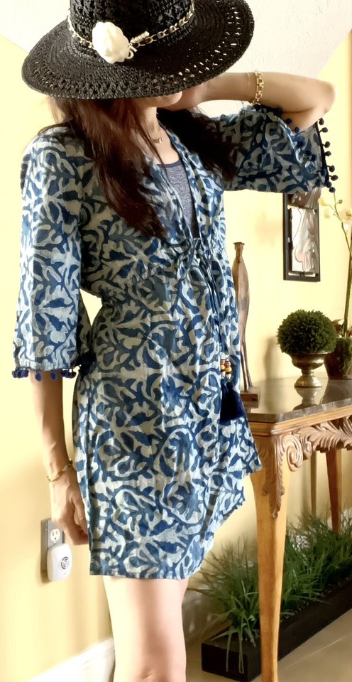 Blue Island Beach Cover up Tunic Dress Womens Size S Floral Print New w ...