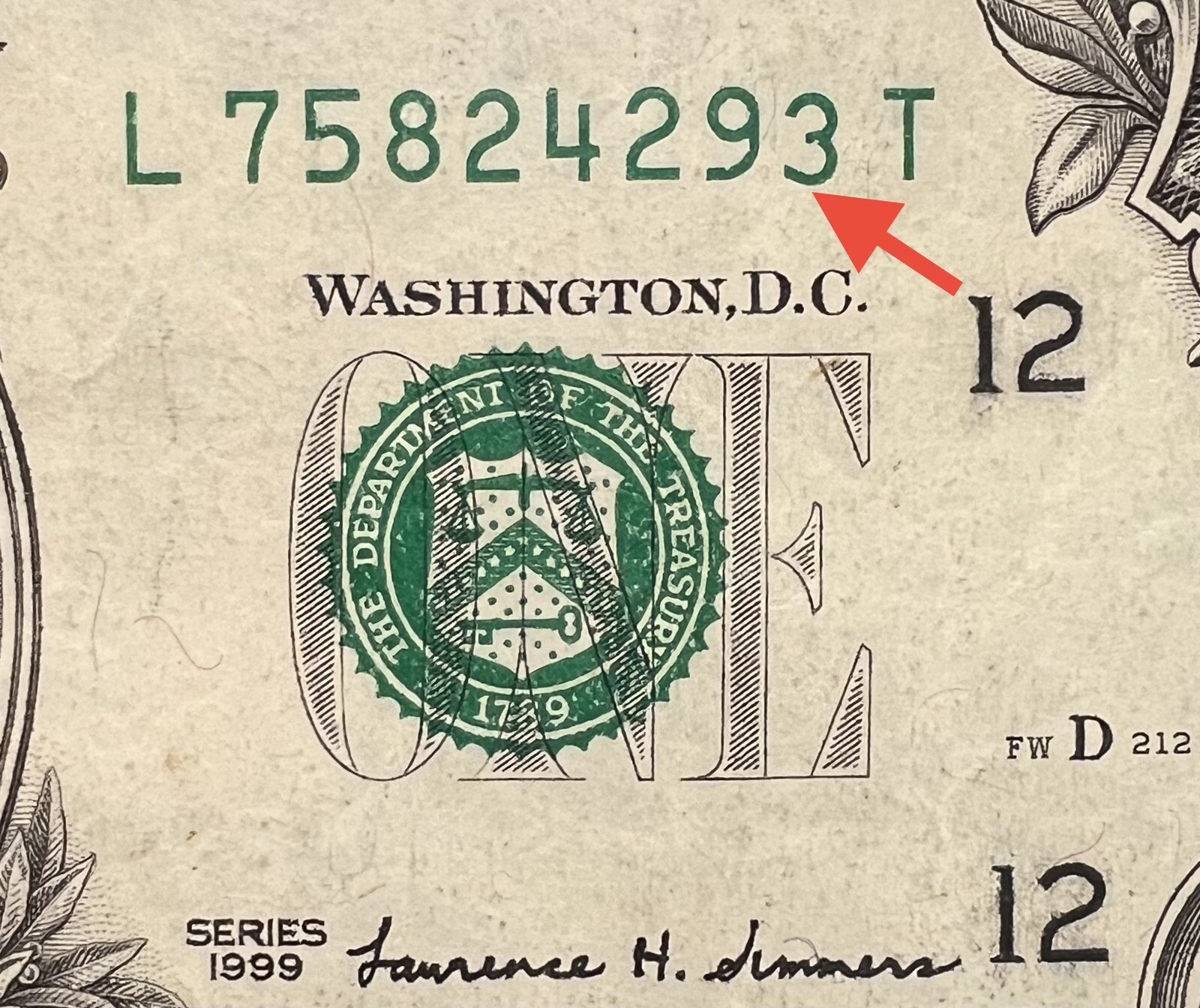 1999 $1 One Dollar Bill- Dropped Digit - Stuck Digit Misprint Note. | eBay