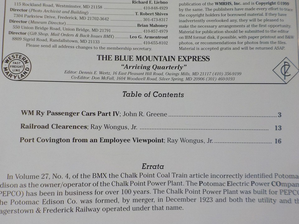 Blue Mountain Express 1999 Summer/Fall Western Maryland Railway ...