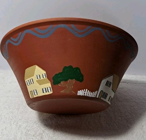 Antique Redware Pottery Bowl Hand-painted Village Design Rustic Folk ...