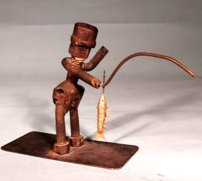 Robot Nuts & Bolts Metal Folk Art Fishing Robot Figurine 7" Nuts Bolt ...