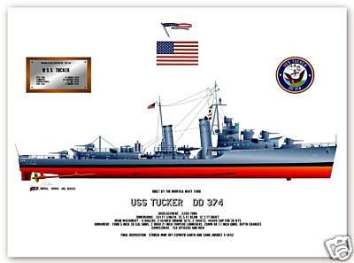 USS Tucker DD 374, a Mahan Class Destroyer print, cpnfigured for 1941 ...