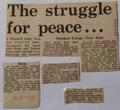 1974 NICOSIA BRITISH NEWSPAPER ARTICLES "TURKISH INVASION OF GREEK ...