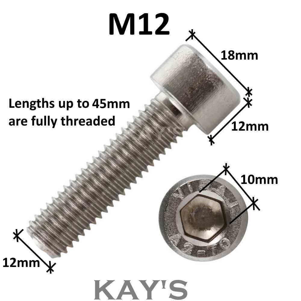M12 (12mm) CAP SCREWS HEX SOCKET ALLEN KEY BOLTS A4 MARINE GRADE ...
