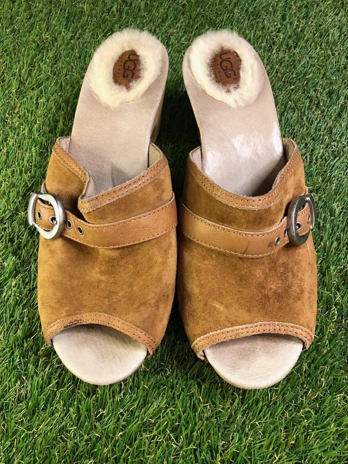 UGG Katherine Brown Peep Open Toe Clog Mule Shoes Lea… - Gem