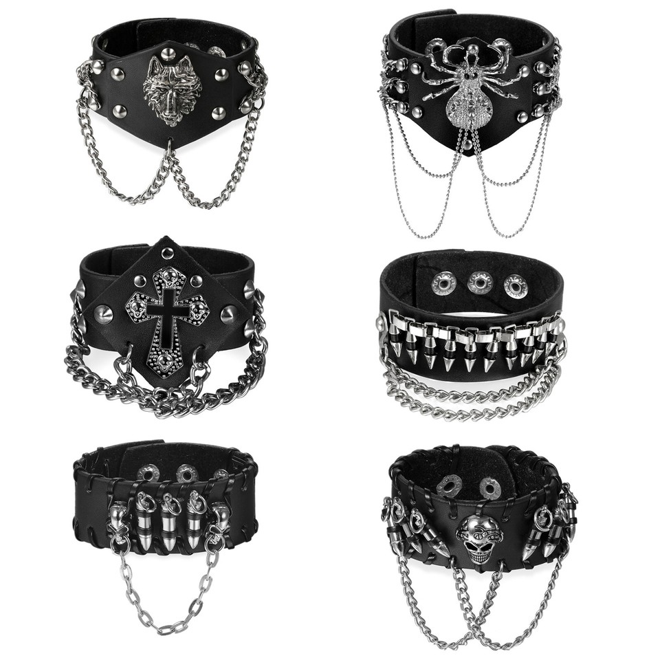 Punk Rock Mens Black Wide Leather Cuff Skull Lion Bullet Studded Chain ...