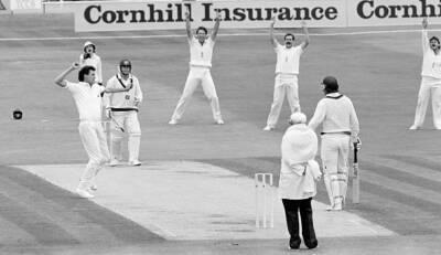 England bowler Neil Foster celebrates as umpire David Shephe- Old ...