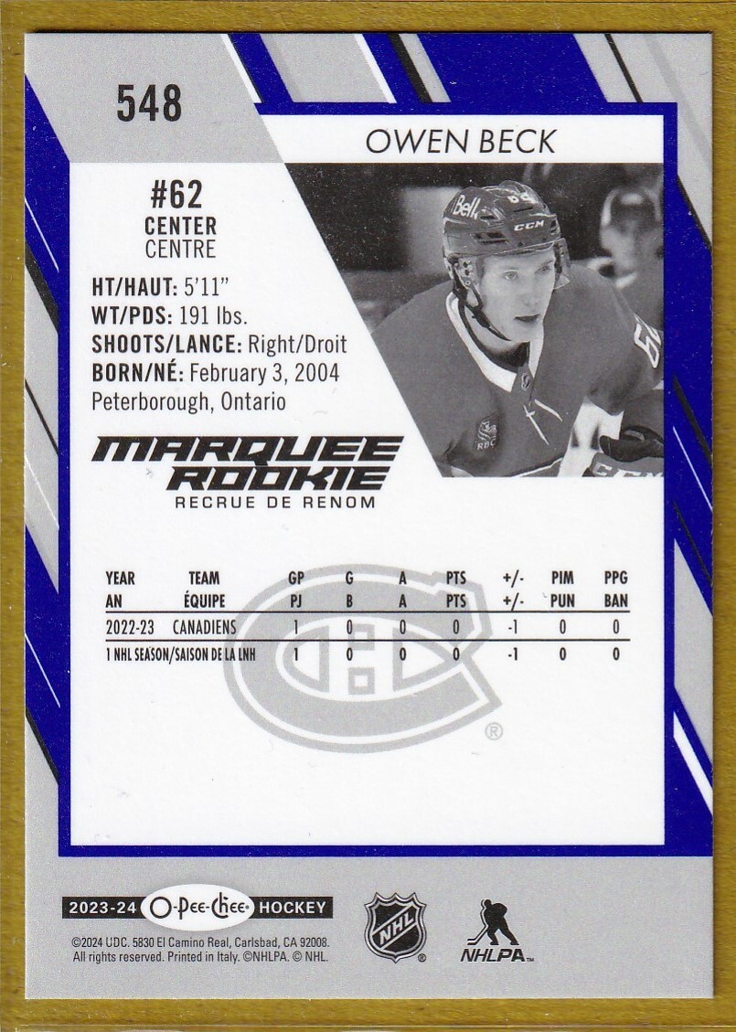 2023-24 O-Pee-Chee Blue #548 Owen Beck RC - Montreal Canadiens | eBay