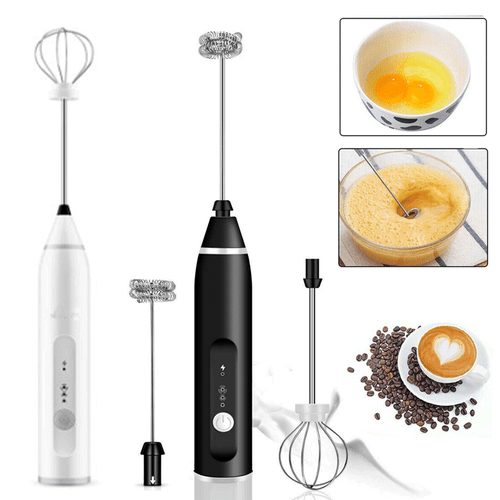USB Rechargeable Electric Milk Frother Handheld Double Whisk Foam ...