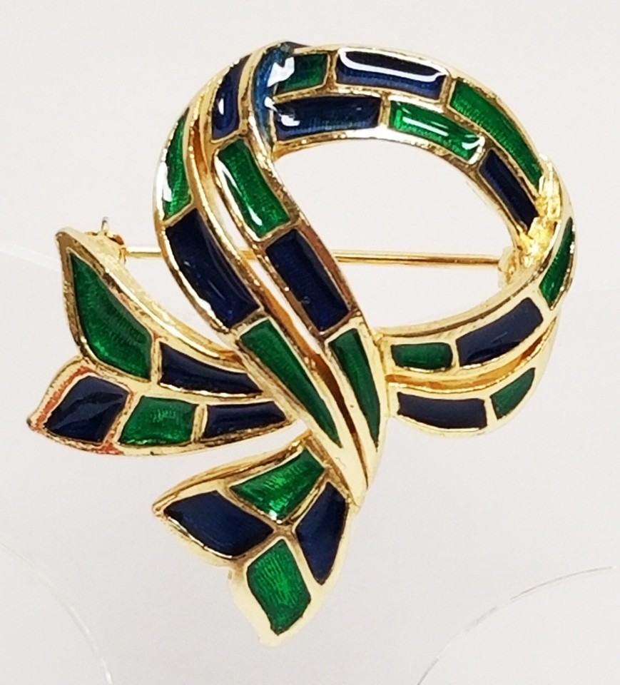 Vintage Signed POLCINI Blue & Green Enamel Loop / Bow Shape Gold Tone ...