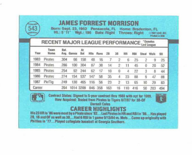 Jim Morrison Detroit Tigers 3B #543 Donruss 1988 Baseball Card | eBay