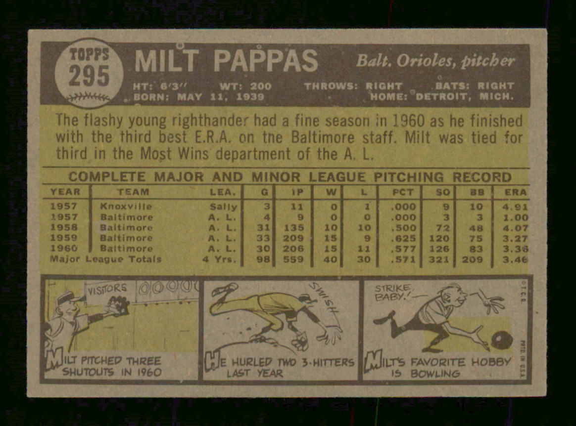 1961 TOPPS BASEBALL # 295 MILT PAPPAS INV J8298 | eBay