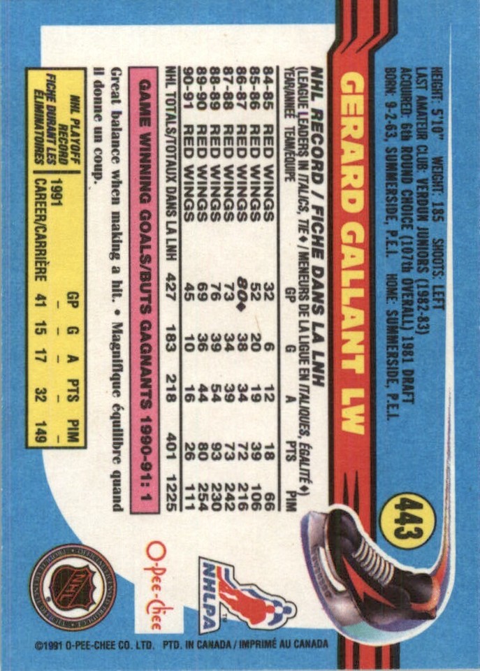 1991-92 O-Pee-Chee NHL Gerard Gallant #443 | eBay