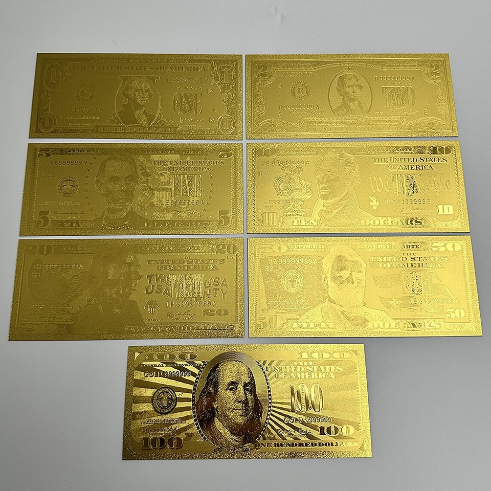 US Dollar Gold Banknotes 1 2 5 10 20 50 100 Bills Money Set Retro Matte ...